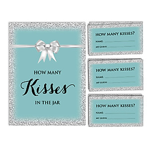 Inkdotpot Aquamarine Glitter How Many Kisses in The Jar Bridal Shower Game 1 Sign + 30 Cards