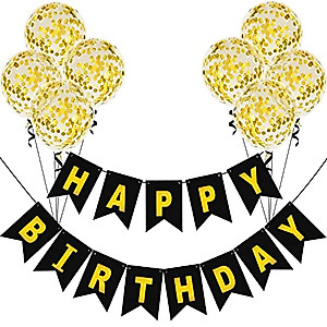 CHRORINE Black Happy Birthday Banner Bunting 8pcs Gold Confetti Balloon for Birthday Party Supplies