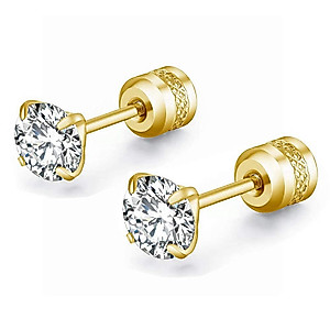 5 Pairs Titanium Screw Back Stud Earrings Set for Sensitive Ears, Hypoallergenic Surgical Stainless Steel Double Sided Round Cubic Zirconia Earrings for Women Men (5pcs gold stud set)