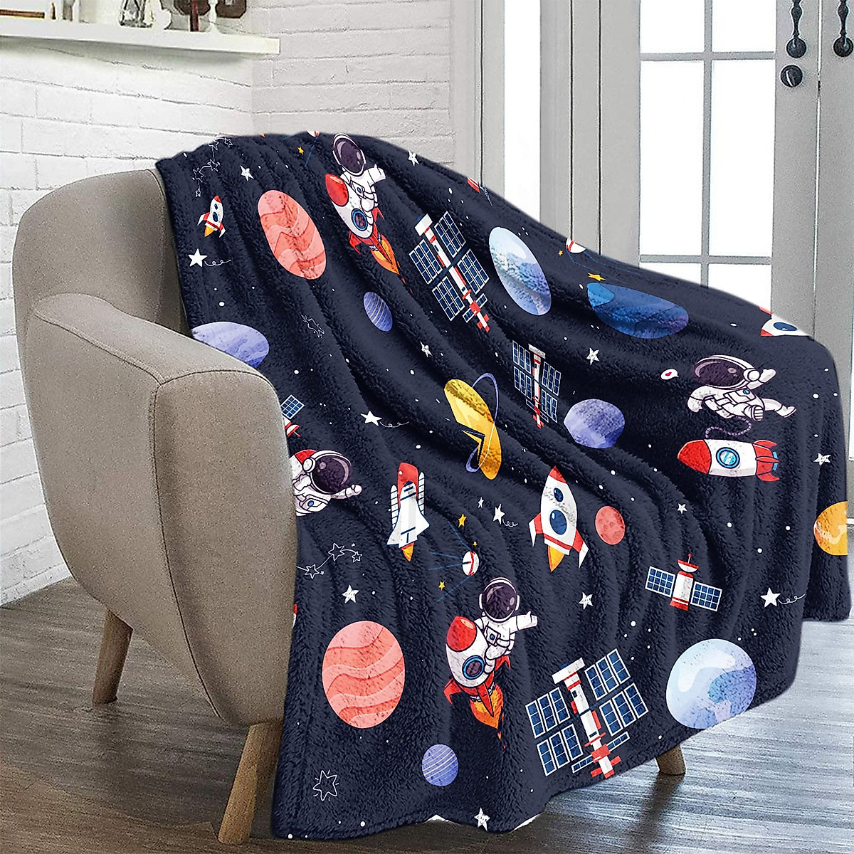 Outer Space Theme Throw Blanket for Kids, 50 x 60 Inch Blue Space Astronaut Rocket Fuzzy Plush Blanket for Boys Gift, Soft Galaxy Planet Spaceship Flannel Blanket for Children Teen Bed Couch Decor