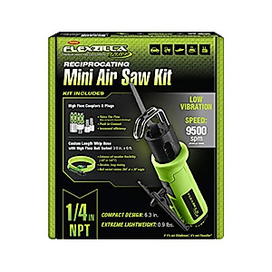 Flexzilla Pro Reciprocating Mini Air Saw Kit, with 3/8″ x 6′ Whip Hose w/Ball Swivel, and Flexzilla Pro High Flow Couplers and Plugs - AT8565FZ