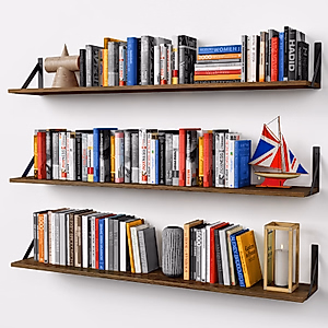 Forbena Large Floating Shelves for Wall 48 Inches Long Set of 3, Rustic Wood Wall Bookshelf for Bedroom Books, Wooden Wall Shelves for Living Room Laundry Closet Kitchen Storage (Dark Brown)