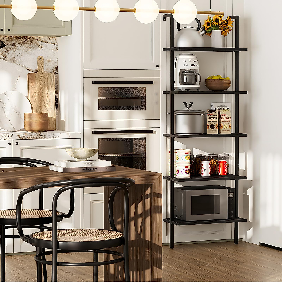 aboxoo Ladder Shelf Open 5-Tier Bookshelf Wall-Mounted Black Wood Bookcase Storage Rack Open Industrial Modern Plant Stand Utility Organizer Bookcase Metal Frame Furniture Office Bedroom