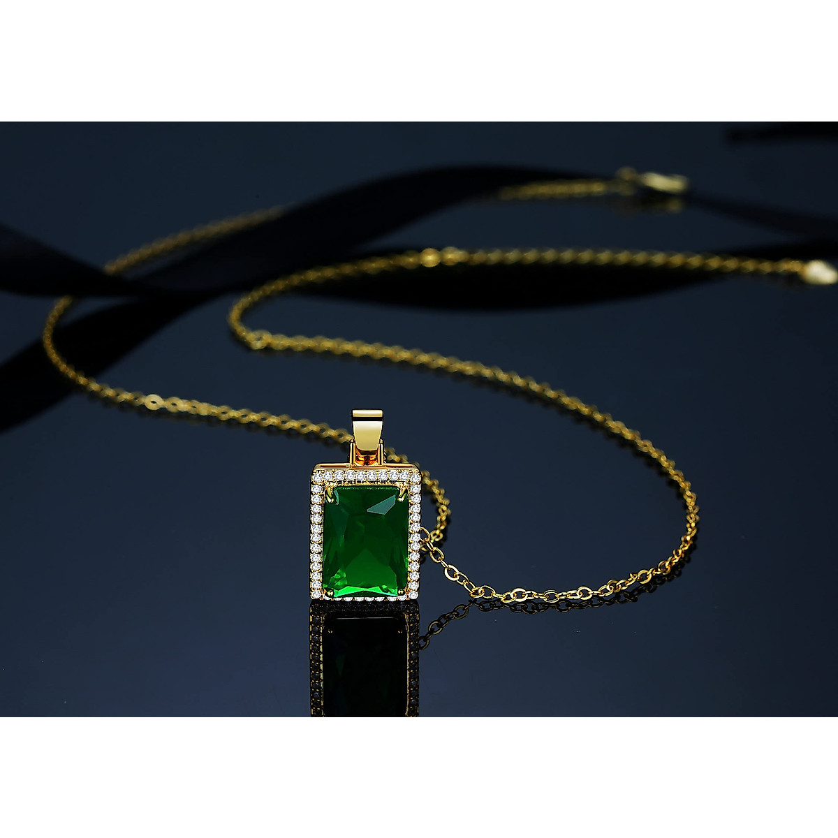 VONSSY Green Pendant Necklace | Rectangle Created-Emerald Pendant Necklace | 18" with 2" Extender Chain