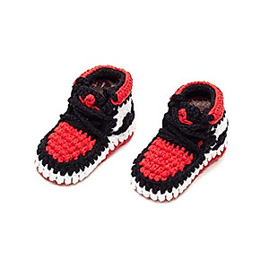 Itzzy Bitzzy Baby Sneakers - Crochet Shoes for Babies - Soft Booties for Boys and Girls - Soft Soled Non-Slip Slip On High Top Shoes - (IB-1s, Black and Red, 9cm for 0-3 Months Old)