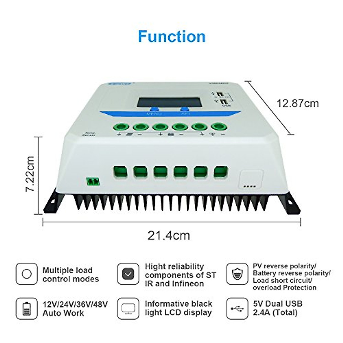 EPEVER Solar Charge Controller 60A 12V/24V/36V/48V Auto with USB Output Light and Time Control LCD Display for Solar Panel Power System (60A, VS6048AU)