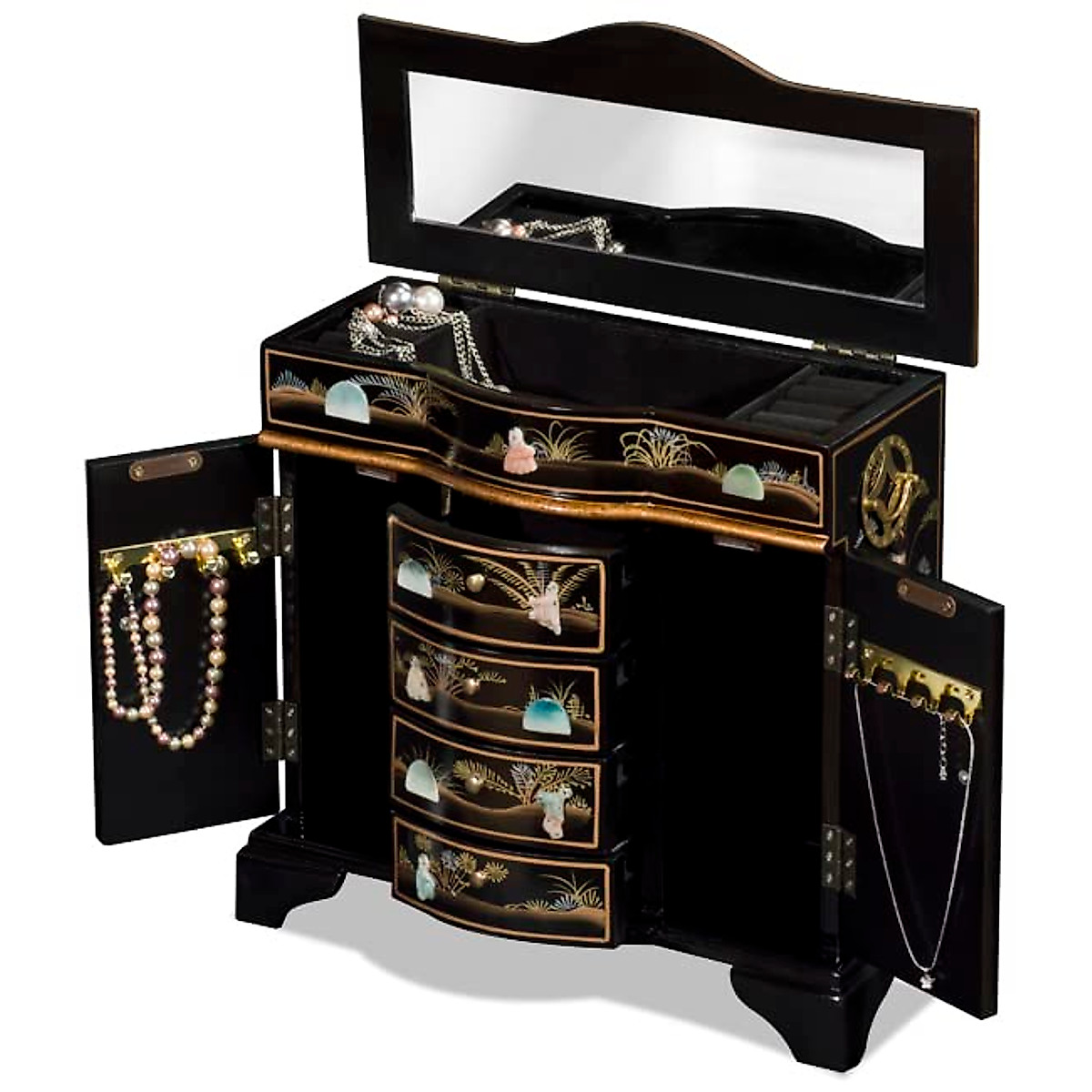ChinaFurnitureOnline Wooden Oriental Jewelry Chest, Black Lacquer Chinoiserie with Pearl Maidens