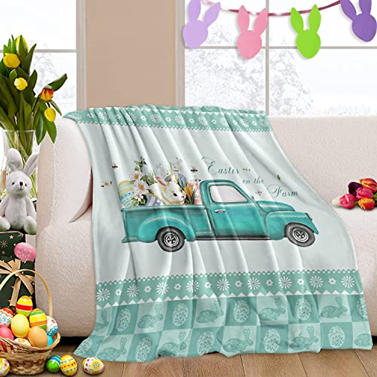 Pinkinco Cute Animals Bunny with Eggs on Truck Blankets, Luxury Cozy Warm Flannel Fleece Throw Blanket, Easter Buffalo Plaid Bedspread for Couch Chair Bed Sofa Travel, 60x80In