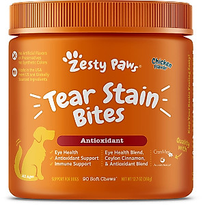 Zesty Paws Tear Stain Support Soft Chews for Dogs - for Eye Moisture + Vision & Immune Support - Functional Supplements with Fish Oil, Lutein, Cranberry & Vitamin C - Chicken Flavor - 90 ct