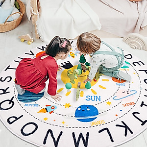 LTKOUGFAM ABC Kids Rug,4 ft Washable Nursery Rug,Soft Plush Educational Circle Rug,Non-Slip Solar System Alphabet Rug for Classroom playroom Bedroom Kids Room Decor