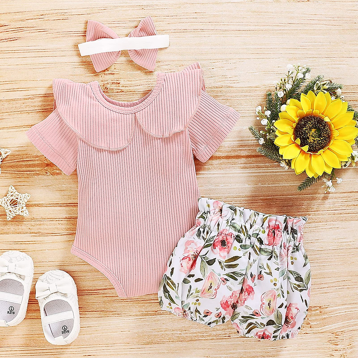 Dimoybabe Newborn Baby Girl Clothes Summer Infant Outfit Cute Ruffle Romper Short Set Solid Pink 3-6 Months 80cm