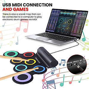 Oirtmiu Portable Electronic Drum Set Roll-Up Drum Practice 7 Pads Drum Kit Built-in Speaker with Headphones Drum Pedals Drum Sticks 10 Hours Playtime, Great Holiday Birthday Gift for Kids(Rainbow)