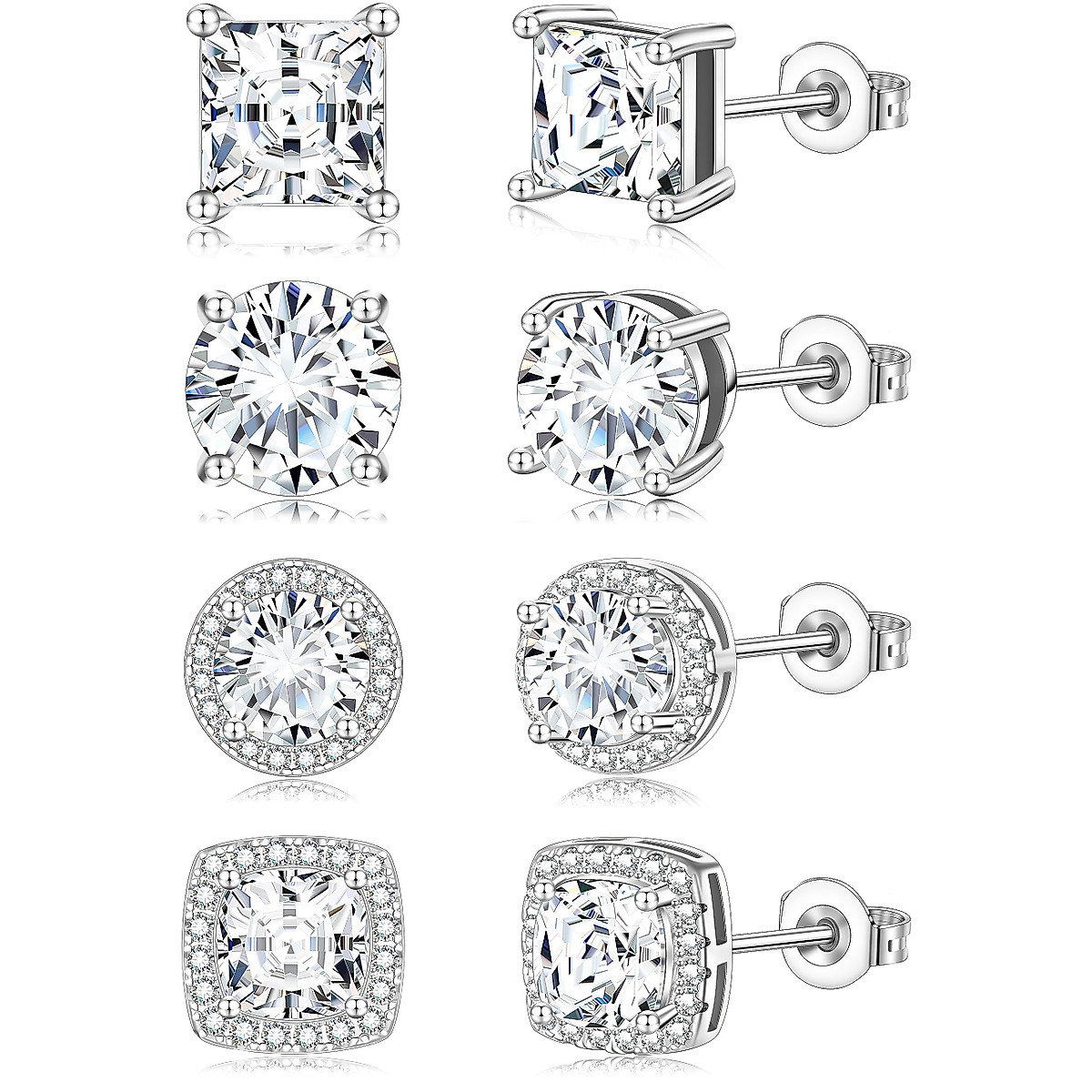 Zankulas Cubic Zirconia Stud Earrings for Women Mens Earrings Hypoallergenic Sterling Silver Post Square CZ Studs Set Silver