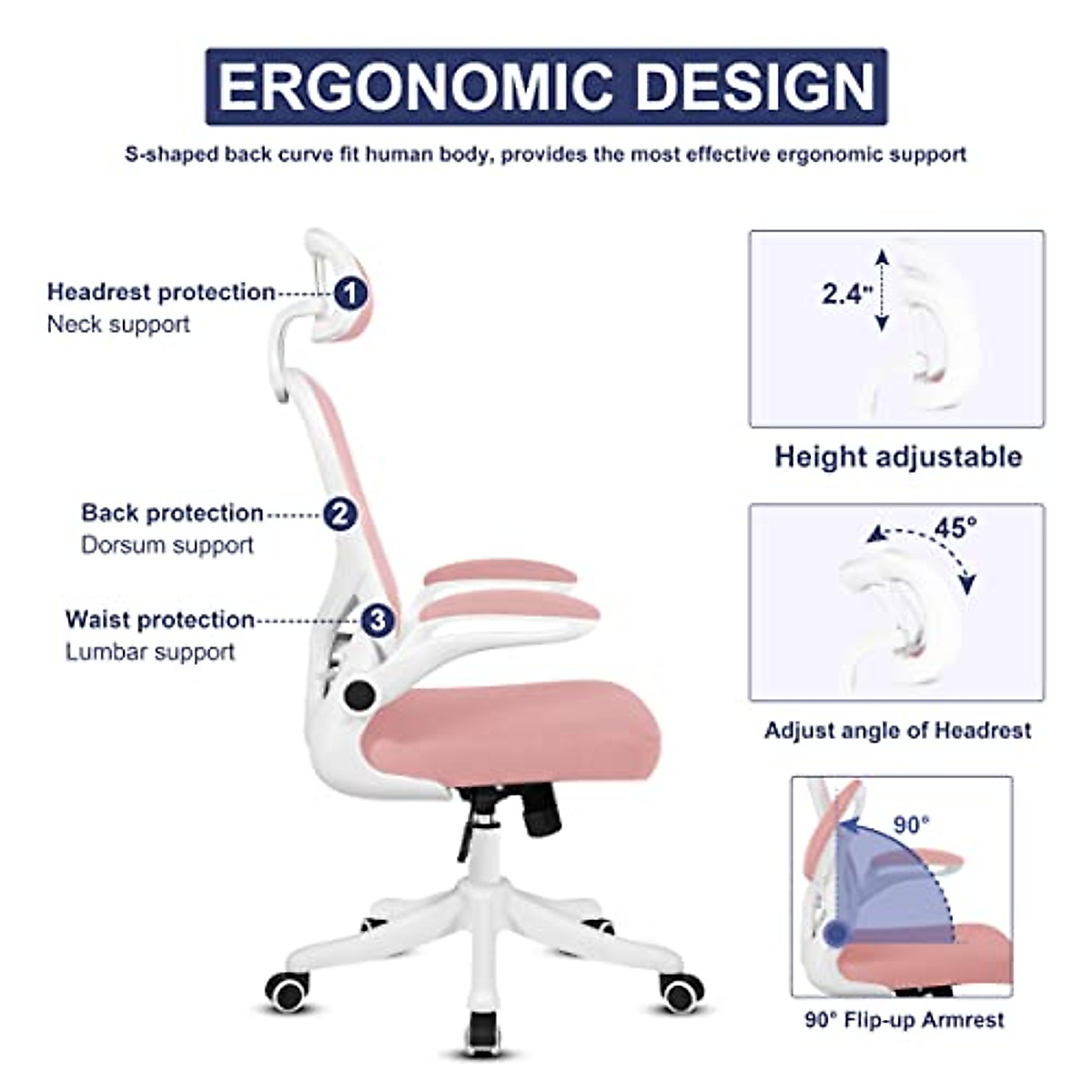 Misolant Office Chair, Ergonomic Desk Chair, Computer Chair, Mesh Office Chair, Office Chair with Adjustable Lumbar Support and Headrest, Executive Office Chair Pink, Desk Chair with Flip-up Armrest