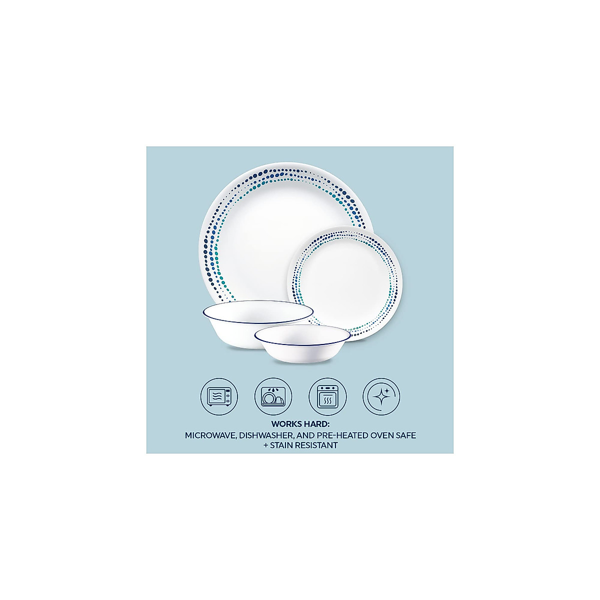 Corelle Ocean Blues 16pc, Service for 4, Dinnerware Set, 8 Plates 8 Bowls, Chip & Break Resistant, Dinner Plates and Dinner Bowls, Corelleware Plates, White