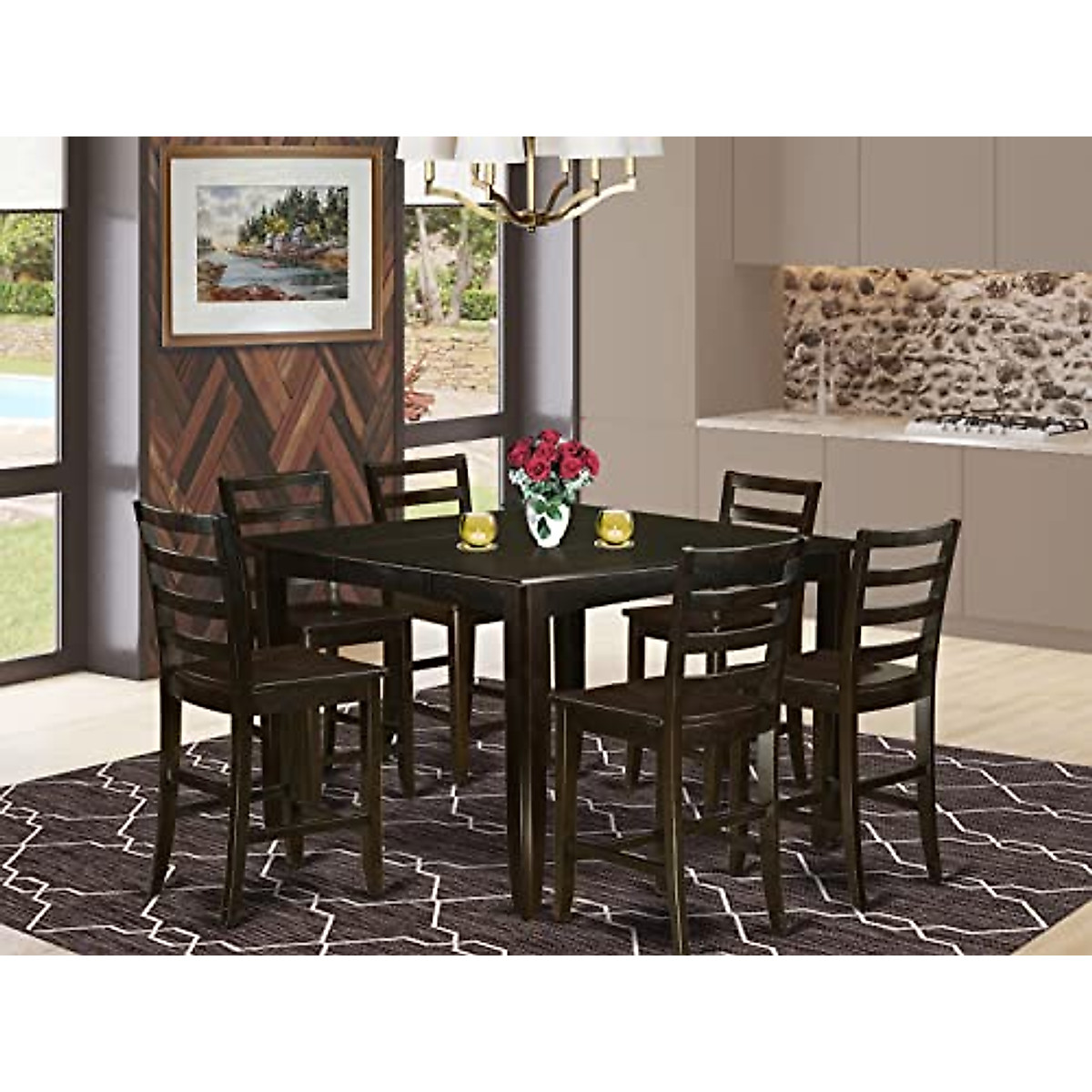 East West Furniture Fairwind 7 Piece Kitchen Counter Set Consist of a Square Table with Pedestal and 6 Dining Room Chairs, 54x54 Inch, Cappuccino