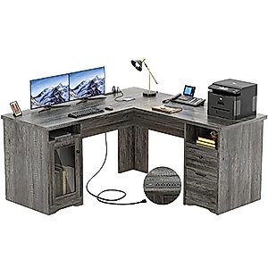 Unikito L Shaped Desk with Drawers, 60 Inch Corner Computer Desks with USB Charging Port and Power Outlet, Large L-Shaped Office Table, 2 Person Home Office Desk with File Cabinet, Black Oak