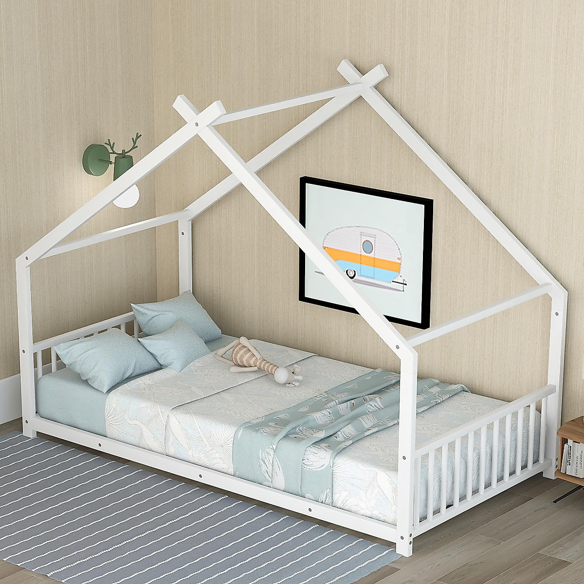 Kids Montessori Floor Bed with Headboard and Footboard, Metal Floor Bed with Slats, Twin Size House Floor Bed for Kids, White Montessori Bed Frame Twin Size