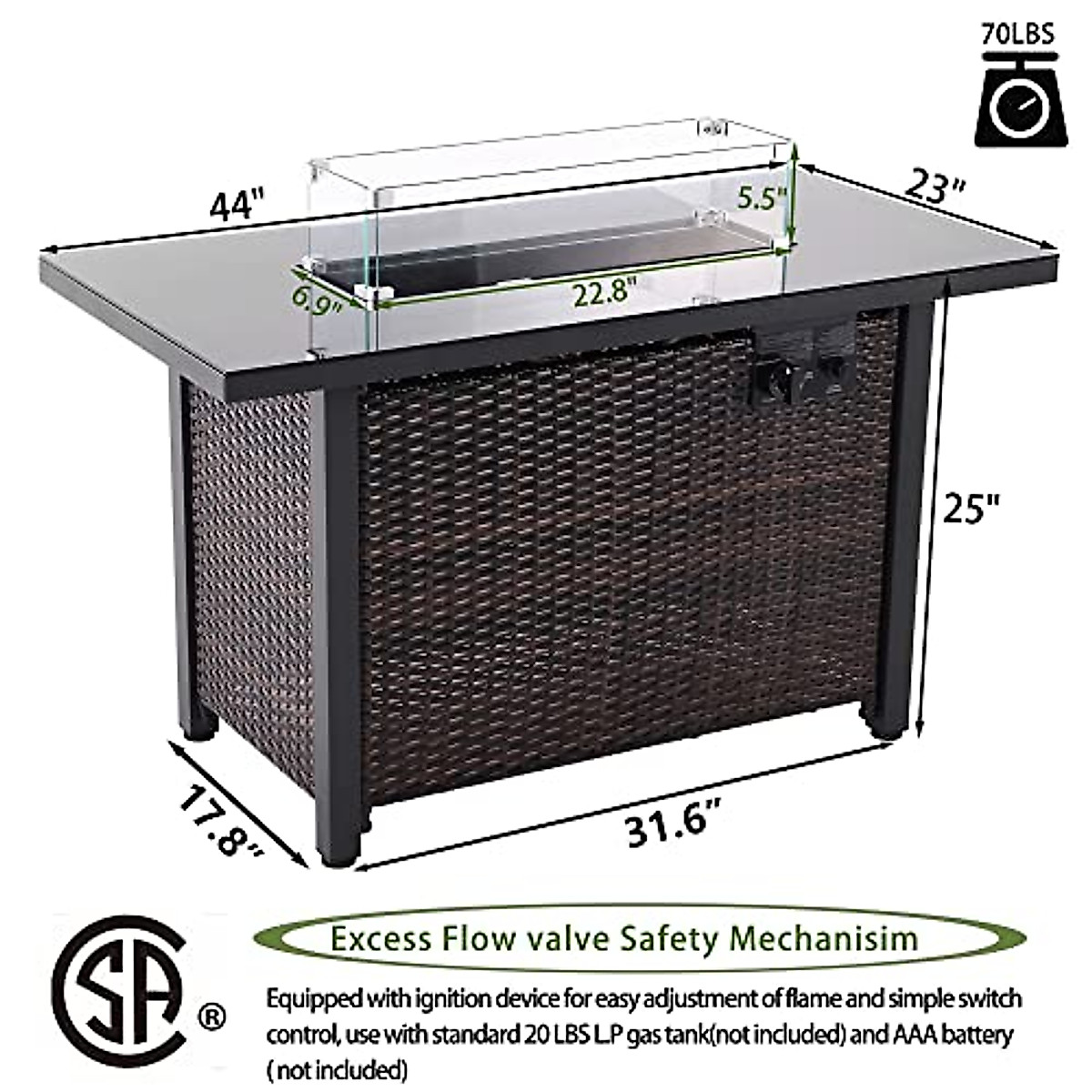 43 in Propane Gas Fire Pit Table, 50,000 BTU Auto-Ignition PE Wicker Gas Fire Pit Table with Glass Wind Guard, Waterproof Cover, CAS Certified for Courtyard Terrace Gardens.