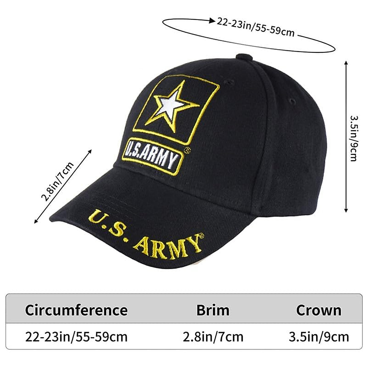 US Army Hat for Men and Women, Officially Licensed Product, Adjustable Strap Baseball Cap - US Army Embroidered Baseball Cap Beautifully Stitched Lettering on The Front and Back (Black)