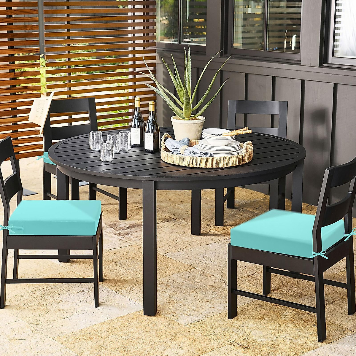 Topotdor Patio Chair Cushions Set of 2,Waterproof Outdoor Chair Cushions with Fade Resistant Removable Cover with Adjustable Straps for Patio Furniture Garden Sofa Couch,19"x19"x3" Teal