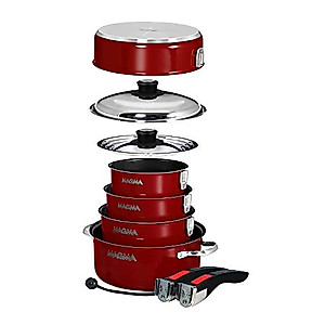 Magma Products, A10-366-MR-2-IN Gourmet Nesting 10-Piece Red Stainless Steel Induction Cookware Set with Ceramica Non-Stick