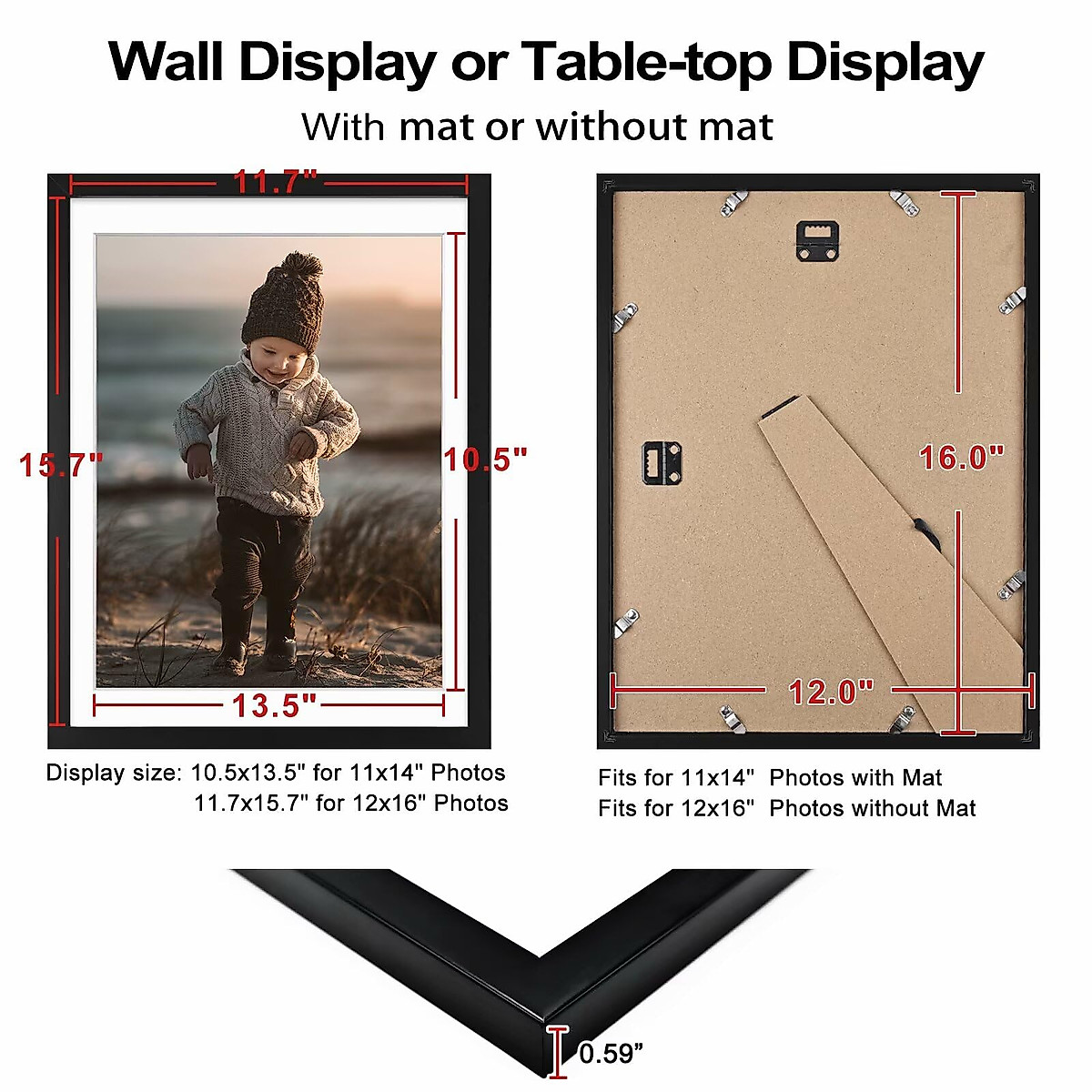 KINLINK 12x16 Picture Frame Black Set of 1, Wooden Photo Frame Matted 11x14 with Plexiglass for 11x14 with Mat or 12x16 without Mat for Table and Wall Display