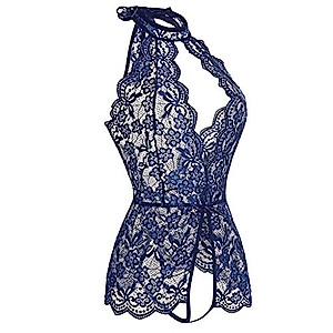 Women's Teddy Lingerie Crotchless Lace Choker Bodysuit Lingeries Floral Crochet One Piece Babydoll Hollow Out Mesh Sheer Sleepwear for Bride