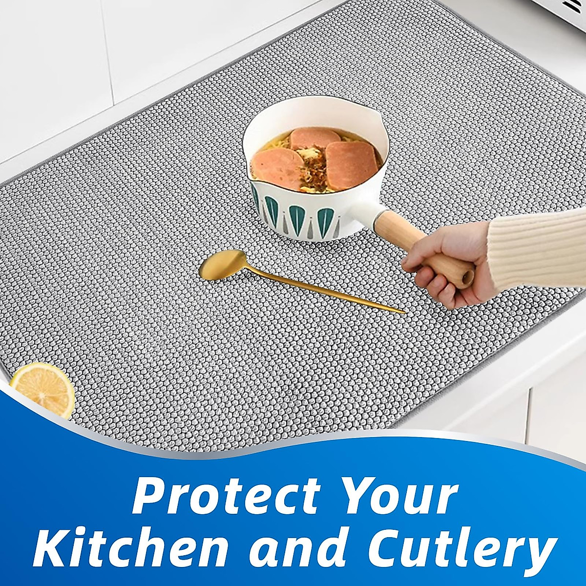 2 Pcs Large Dish Drying Mat for Kitchen Counter,24 x 17 inch Absorbent Microfiber Dishes Drainer Mats,XL Dish Drying Pad for Countertops,Racks,Under Sink(Gray)