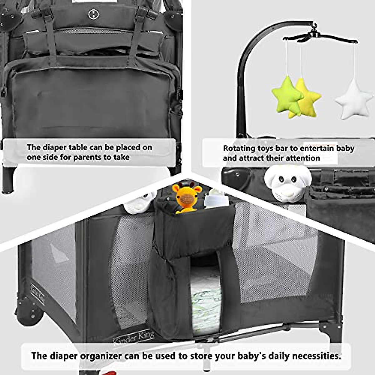 Kinder King 3 in 1 Portable Nursery Center, Foldable Playard for Baby & Toddler, Infant Pack n Play w/Bassinet, Removable Mattress, Newborn Changing Table, Travel Bag, Music Box, Storage Basket, Grey