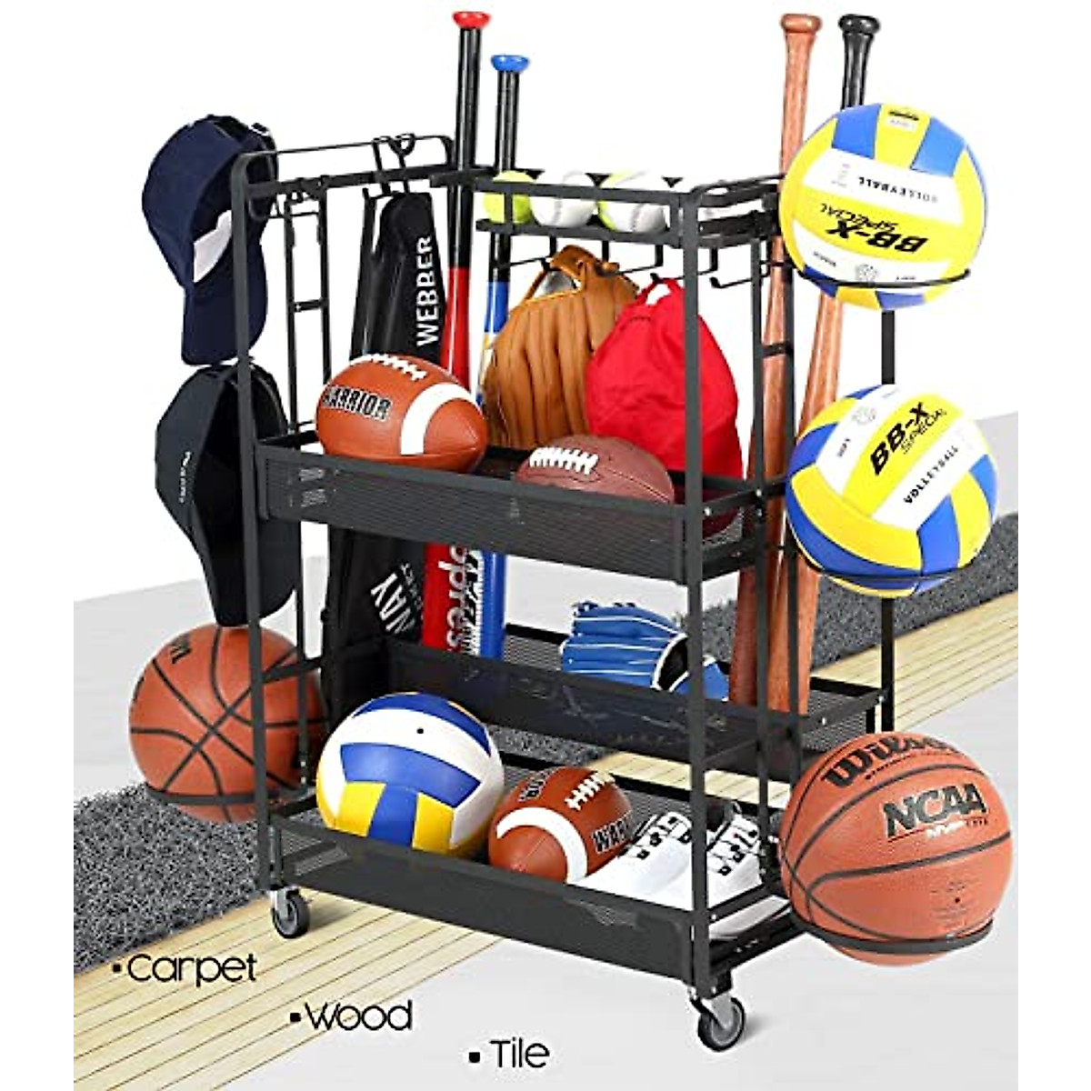 Houseables Caster Wheels, Casters, Set of 4, 3 Inch, (Screw Diameter 3/8"-16, Length 1.5"), Rubber, Heavy Duty, Threaded Stem Mount Industrial Castors, Locking Metal Swivel Wheel, for Furniture, Cart