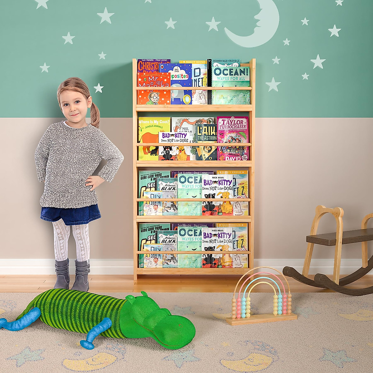 Purbambo Kids Bookshelf Wall Mounted, 4 Tier Bamboo Book Shelf, Kids Books Storage Rack for Bedroom, Living Room, and Classroom