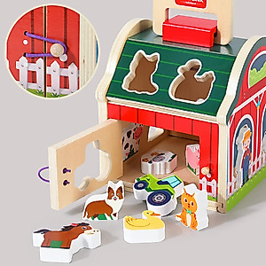 Atoylink Wooden Farm Toys for Toddlers 1 2 3 Year Old Take Along Matching Sorting Barn Farm Animals Playset Preschool Learning Educational Toy for Kids Boys Girls