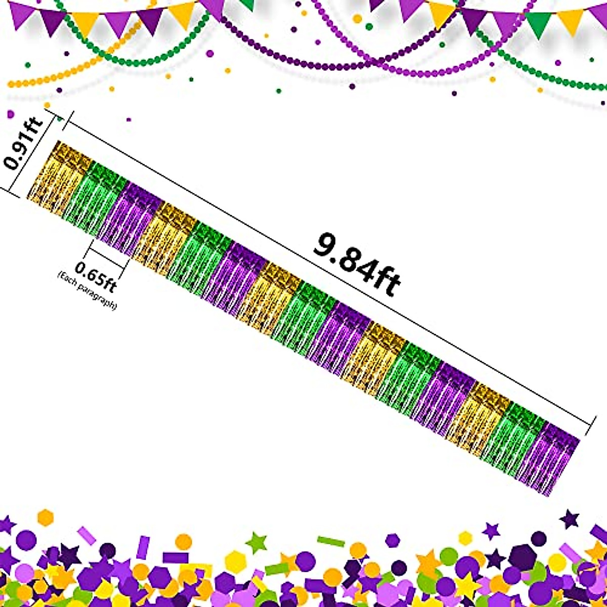 2 Pack Mardi Gras Fringe Curtain,19.68Ft Metallic Fringe Tinsel Streamers Banner,Gold Green Purple Foil Fringe Drape for Street Background Decorations DIY Party Supplies