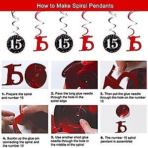 15th Birthday Decorations for Girls Boys, Red Black 15th Birthday Party Supplies for 15 Years Old Bady Decor for Teenagers HAPPY BIRTHDAY Banner Spiral Pendants 40 Inch Number 15 Foil Balloons