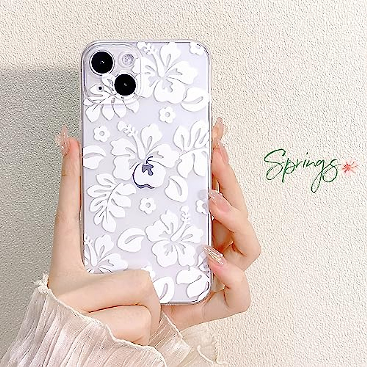 Lovmooful Compatible for iPhone 13 Case Cute Clear Hibiscus Flower Floral Aesthetic Printed Design for Girls Women Soft TPU Shockproof Protective Girly for iPhone 13-White