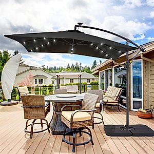 Bonosuki 8.2 x 8.2′ LED Patio Offset Umbrella With a Base, Outdoor Hanging Umbrella for Yard, Poolside and Deck,Black