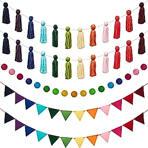 5 Pieces Colorful Garland Banner Rainbow Felt Balls Garland Christmas Tassel Triangle Flags Banners Christmas Pom Pom Garland for Mantel Room Wall Nursery Holiday Decoration
