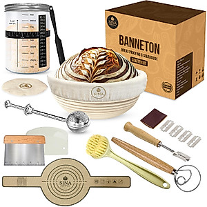 Banneton Bread Proofing Basket Set Sourdough Starter Kit Round 9" Rattan Proofing Basket, 36oz Large Wide Sourdough Starter Jar, Bread Lame, Sourdough Bread Baking Supplies, Banneton Basket Gift Set