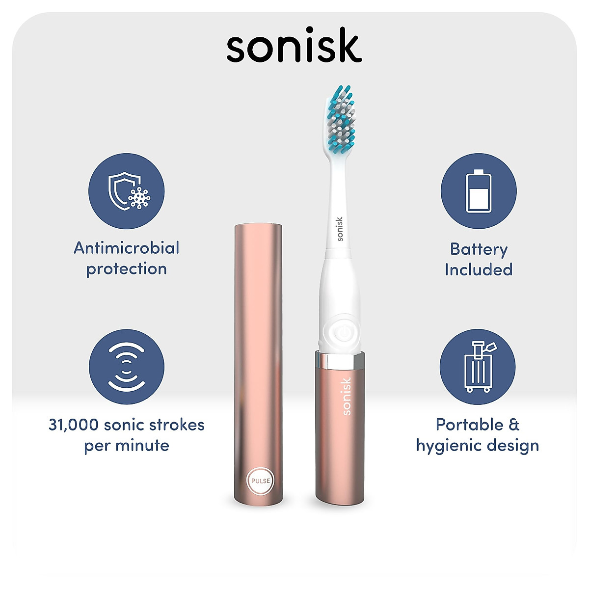 Sonisk Pulse | Battery Powered Electric Toothbrush | Sonic Technology | 1x Battery, 2X Brush Heads, 1x Travel Case Included | 31,000 Strokes Per Minute | Portable Size | Rose Gold