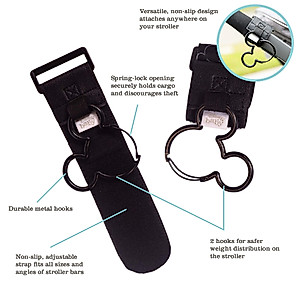 Disney Baby by J.L. Childress Mickey Mouse Stroller Hooks - Universal Stroller Clips with Non-Slip Straps - Durable Carabiners to Hold Water Bottles & Bags - 2 Pack - Disney Travel Accessory - Black