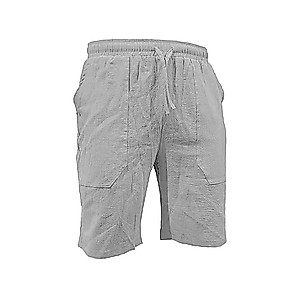 Cotton Linen Elastic Waistband Big & Tall Plus Sized Mens Beach Shorts Bodybuilding Hiking Shorts Grey