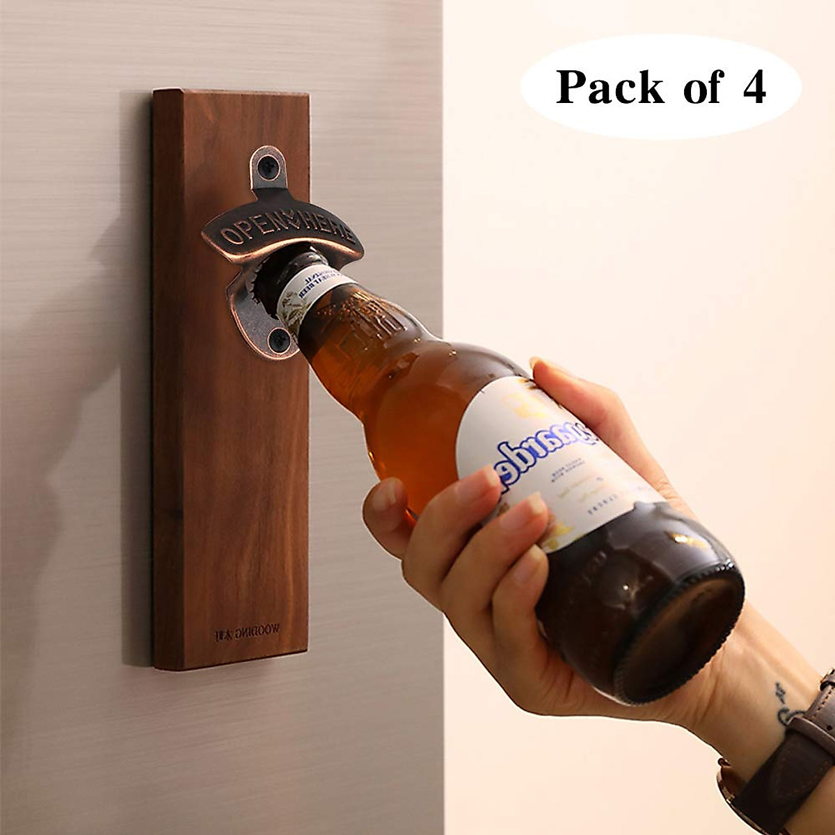 4 Pcs Bottle Opener Wall Mounted, Antique Metal Beer Bottle Top Openers Hardware With Mount Screws Set, Outdoor, Rustic, Cabinet, Bar (Vintage-Red bronze)