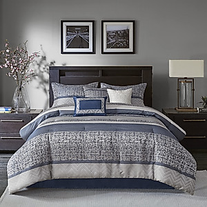 Madison Park Luxury Comforter Set-Traditional Jacquard Design All Season Down Alternative Bedding, Matching Bedskirt, Decorative Pillows, Queen(90"x90"), Rhapsody, Geometric Navy 7 Piece