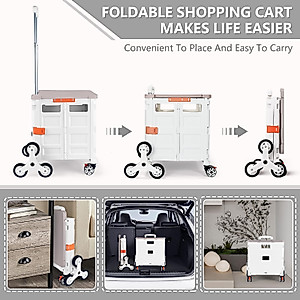 Foldable Utility Cart with Stair Climbing Wheels,Collapsible Rolling Crate with Magnetic Lid Telescopic Cover,Telescoping Handle,360° Rotate Wheel Hand Cart for Teacher Shopping Moving(Milky White)