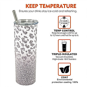 Heqianco Leopard Tumbler With Lid and Straw Cheetah Tumbler Leopard Print Skinny Tumbler Leopard Print Tumbler Cheetah Print Cups Water Bottle Coffee Tumbler Travel Mug Gifts for Women