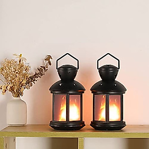 JHY DESIGN Set of 2 Vintage Style Decorative Lantern 8''High Plastic Battery Powered Glass Lights for Balcony Garden Hallway Indoor Outdoor