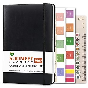 Soomeet Weekly Planner, Undated Planner Weekly and Monthly, Goal Planner, Calendar Stickers, Faux Leather Cover, Time Management Manual and Planner, A5 Hardcover with Ruler, 200 Pages, Black