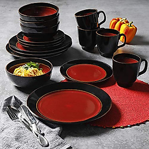 Gibson Elite Bella Galleria Round Reactive Glaze Stoneware Dinnerware Set, Service for 4 (16pcs), Red/Black