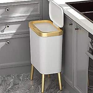 15L Bathroom Trash Can,Plastic Garbage Can with Push Button,Kitchen Trash Can with Lid, Large Capacity Slim Waste Basket with Legs for Kitchen, Home, Living Room, Toilet, Office (White)